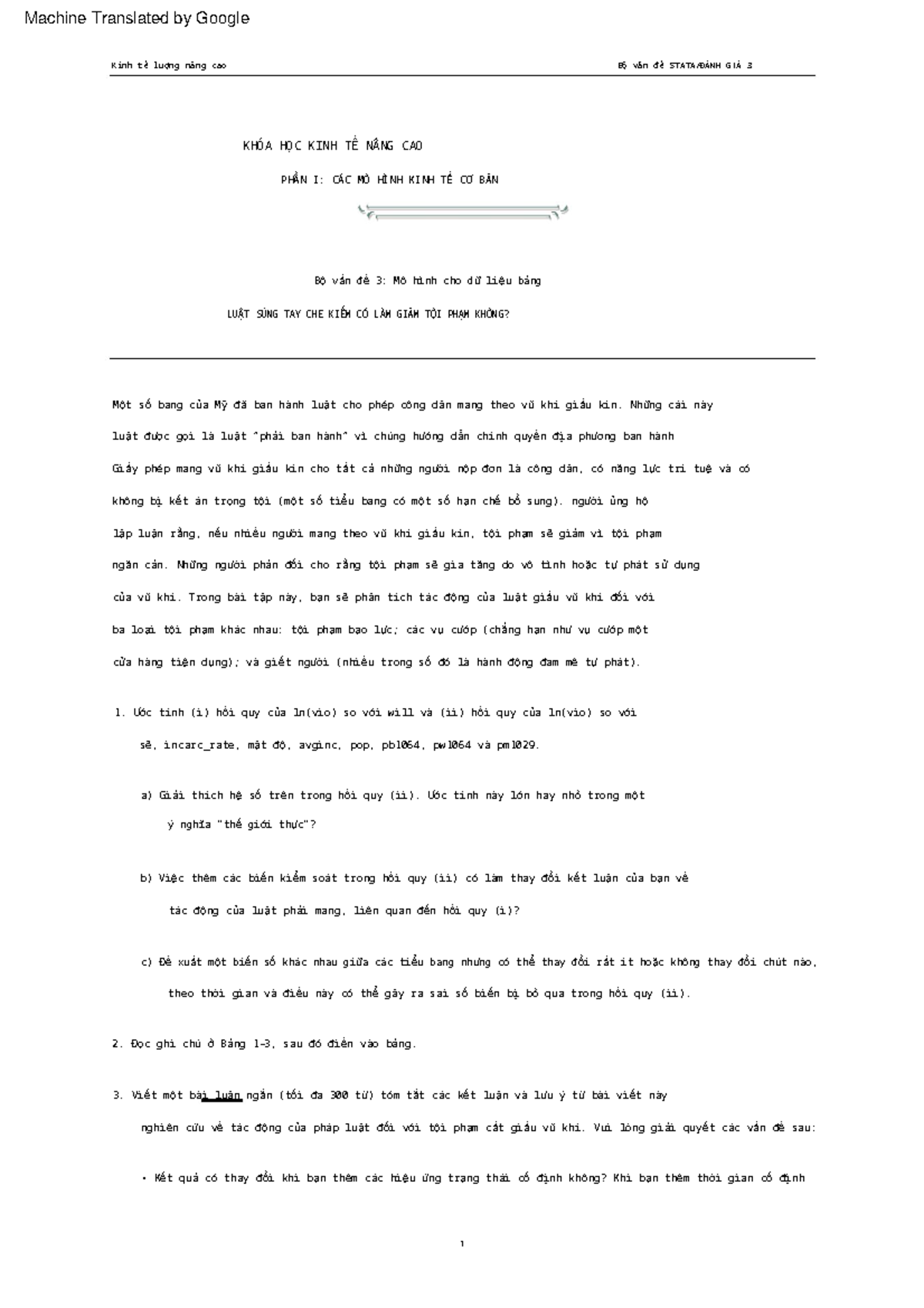 Stata Eview Problem-Set-3-1 - KHÓA HỌC KINH TẾ NÂNG CAO Kinh tế lượng nâng cao Bộ vấn đề STATA ...