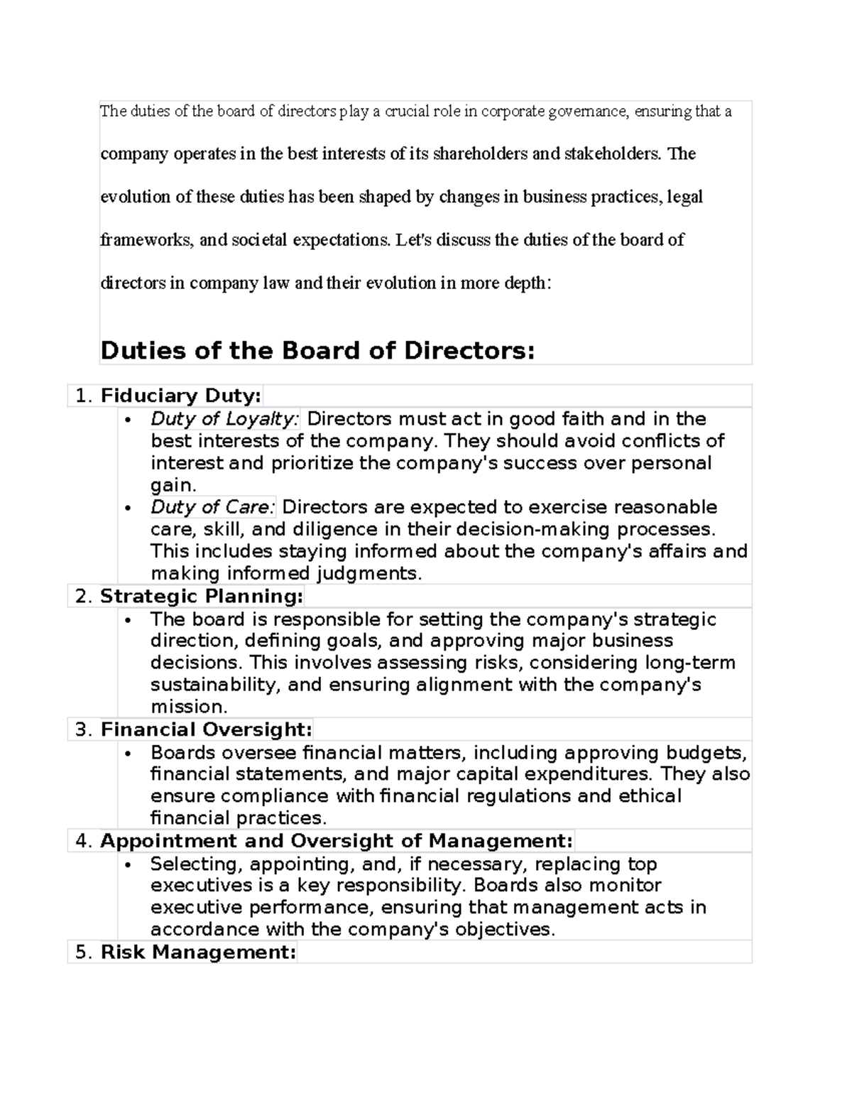 The duties of the board of directors play a crucial role in corporate ...