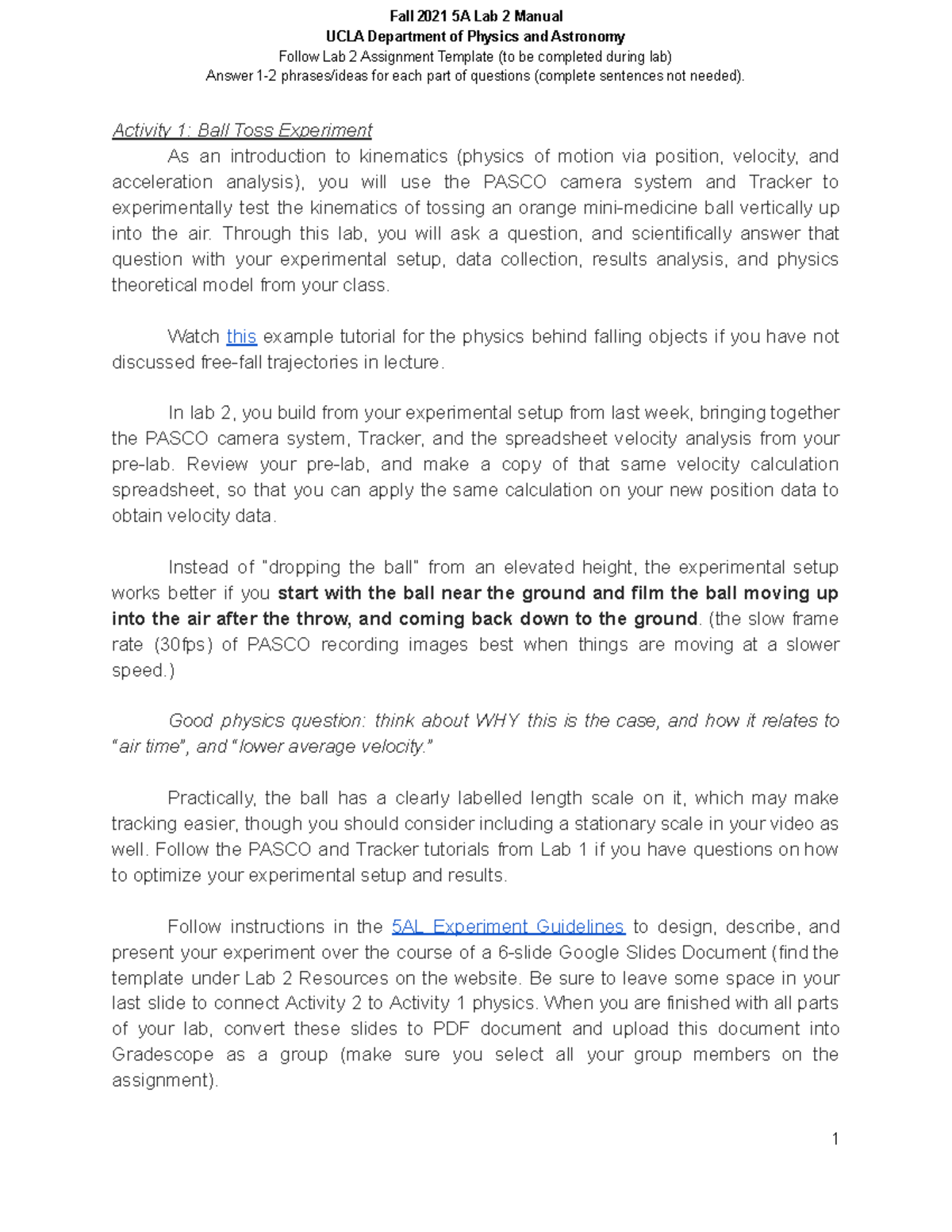 F21 5AL Lab 2 Manual - PHYSICS 5A - UCLA - Studocu