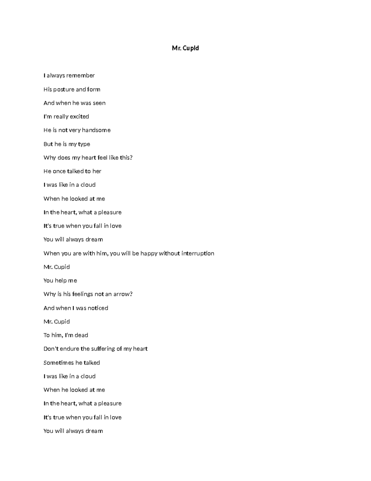 Mr. Cupid: Simplified English Lyrics (Ms. Selinah Perilla Song) - Mr ...