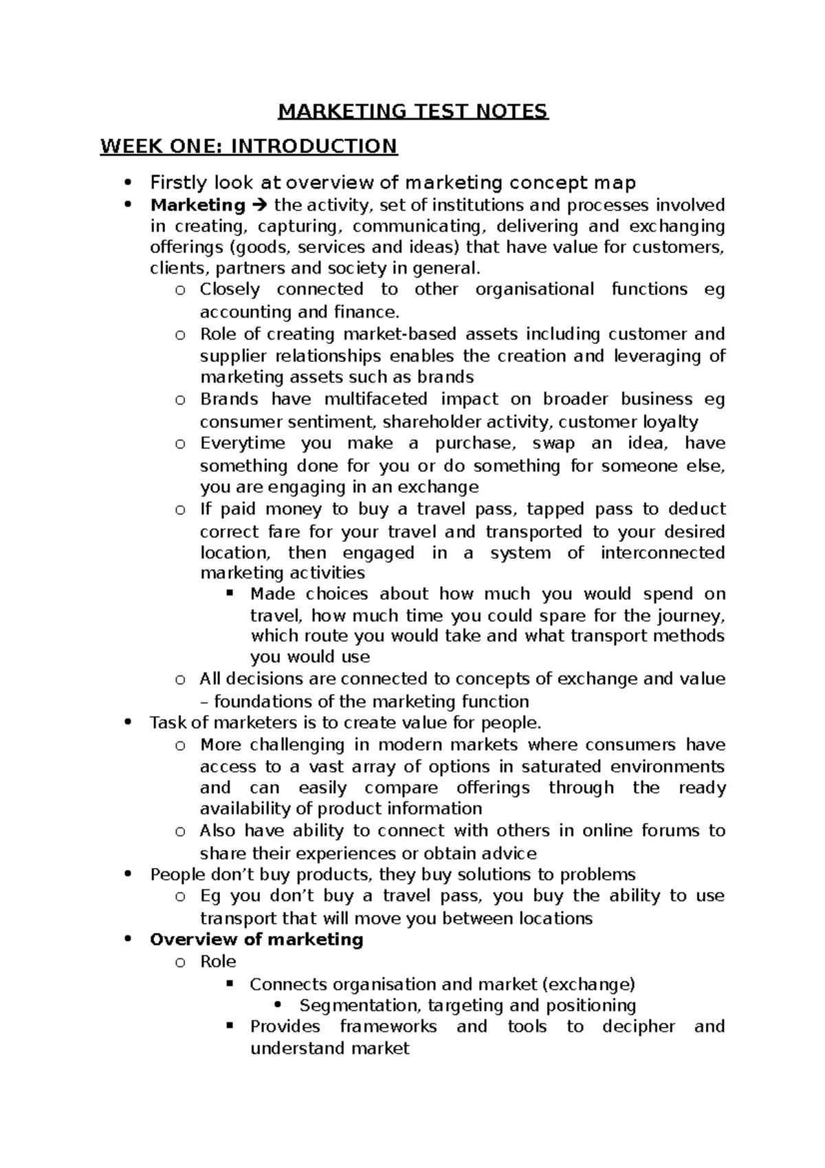 Marketing Notes for Test 1 - MARKETING TEST NOTES WEEK ONE ...