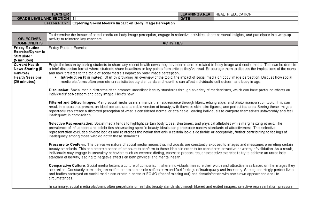 G11 Health ED Q3 - TEACHER LEARNING AREA HEALTH EDUCATION GRADE LEVEL ...