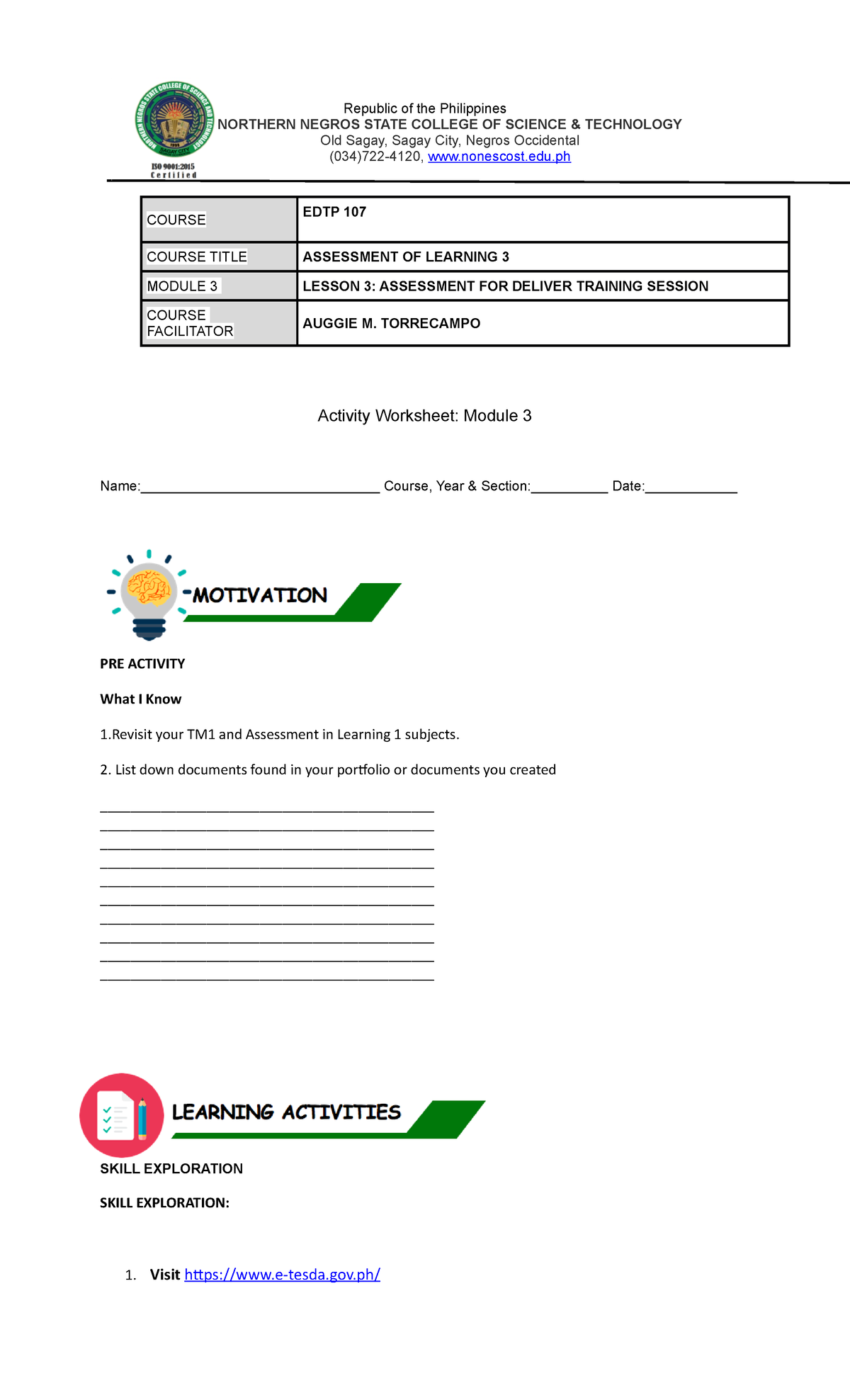 Module 3 EDTP 107 Activity Worksheet - Republic of the Philippines ...