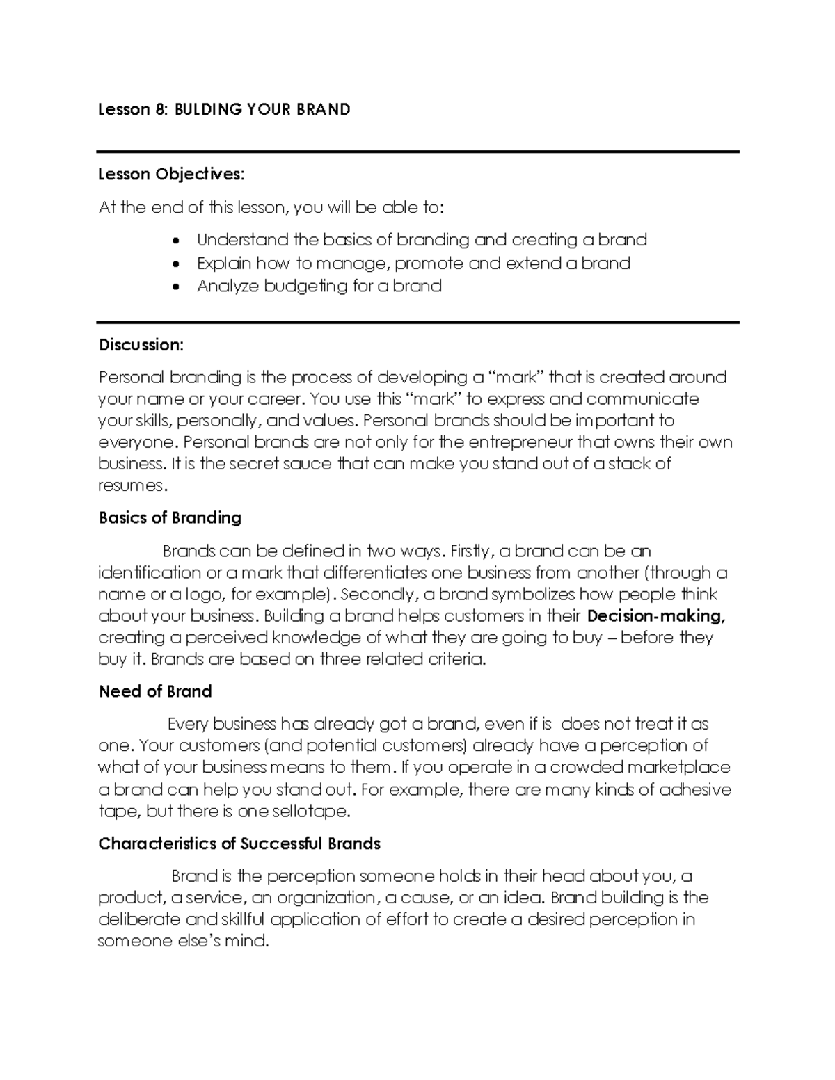 Lesson 8Building Your Brand 9Promoting Your Brand - Lesson 8 : BULDING ...