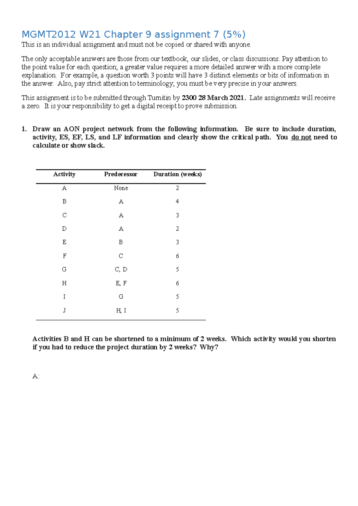 Assignment 7 chapter 9 - MGMT2012 W21 Chapter 9 assignment 7 (5%) This ...