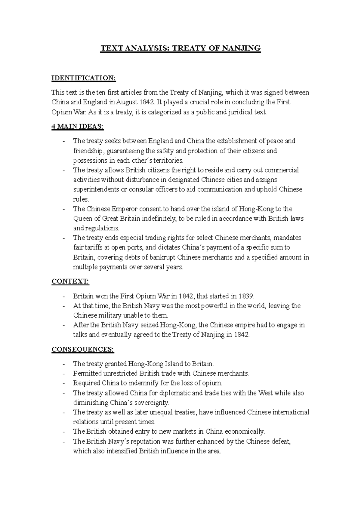 Text analysis treaty of nanjing - TEXT ANALYSIS: TREATY OF NANJING ...
