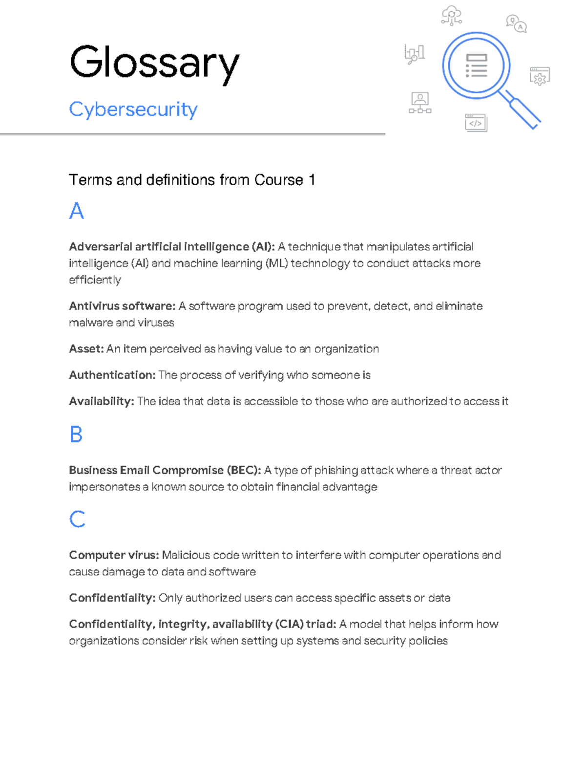 Course-1-glossary - bbbb - Glossary Cybersecurity Terms and definitions ...