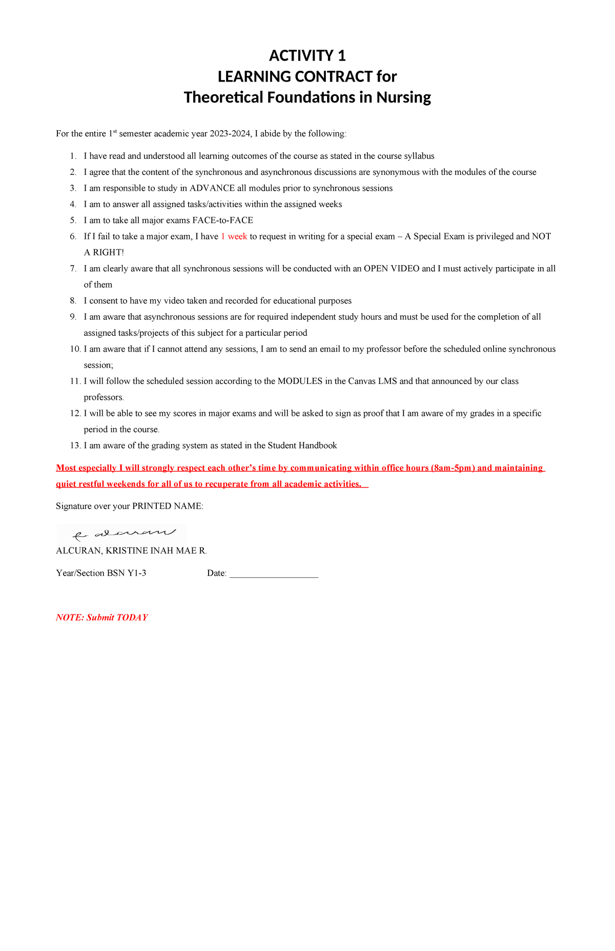 TFN-Learning-Contract - ACTIVITY 1 LEARNING CONTRACT for Theoretical Foundations in Nursing For ...