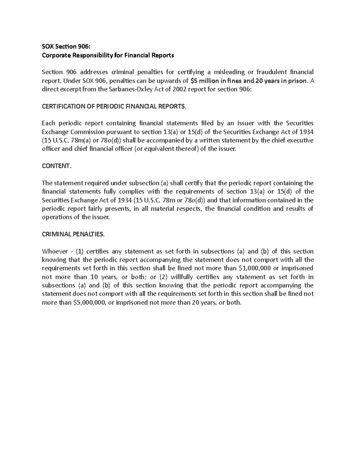 SOX Section 906 Corporate Responsibility for Financial Reports - Under ...