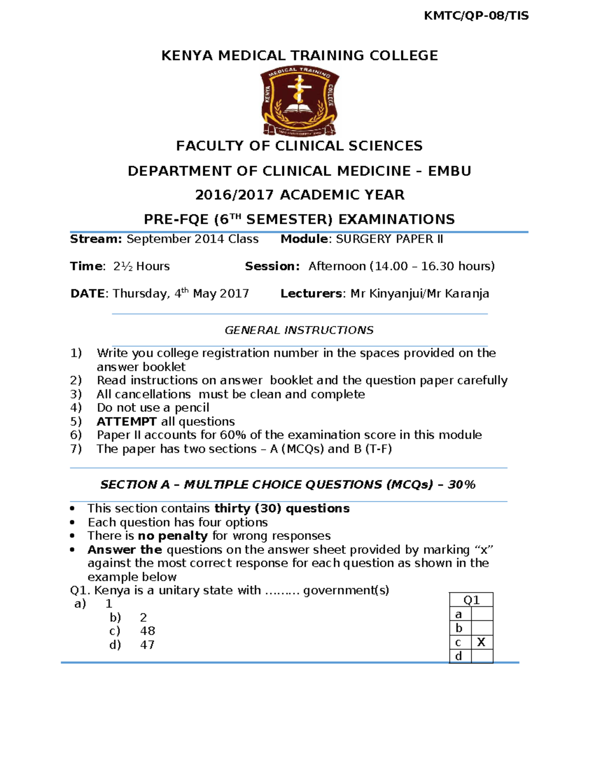 Surgery Paper II MAY 2017 - KENYA MEDICAL TRAINING COLLEGE FACULTY OF ...