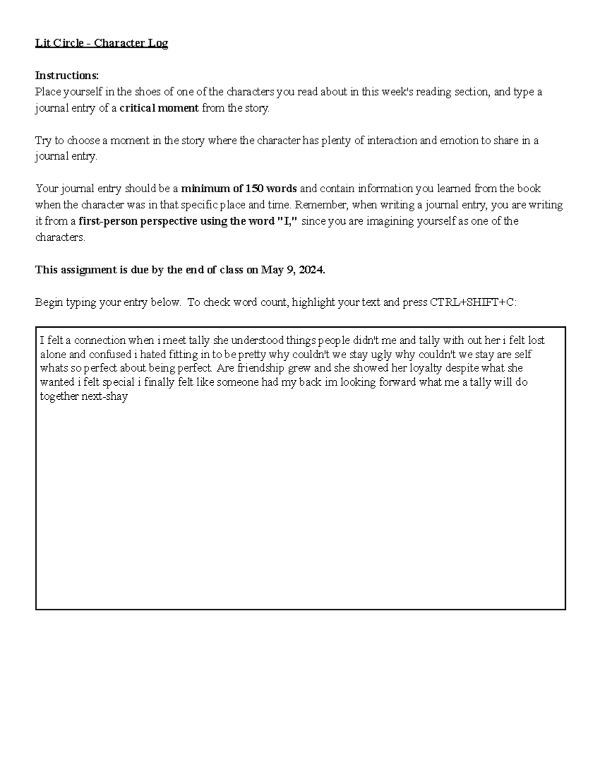 Copy of Lit Circle - Character Log - Lit Circle - Character Log ...