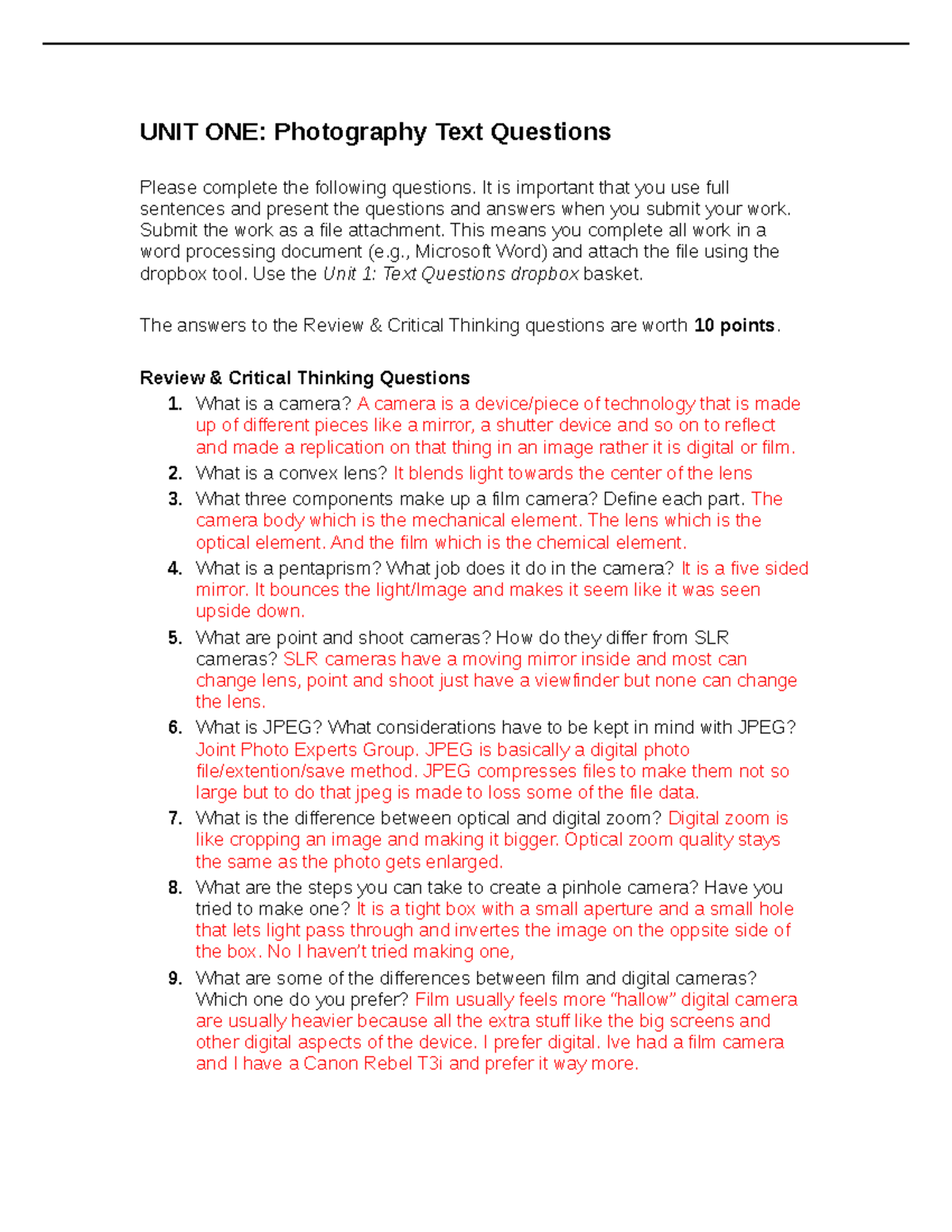 UNIT ONE Photography Text Questions - UNIT ONE: Photography Text ...