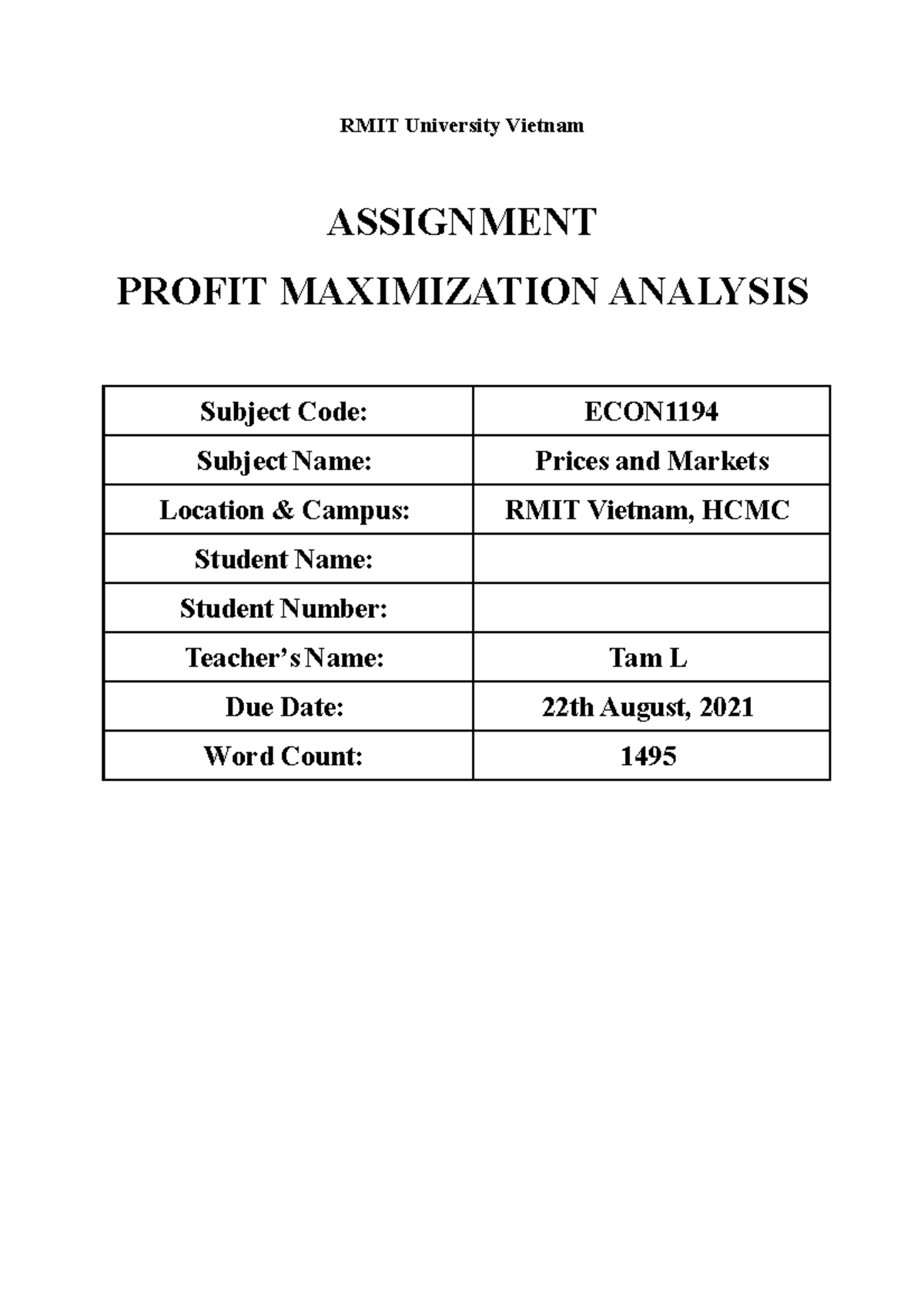 Assignment 2 ECON1194 PROFIT MAXIMIZATION ANALYSIS sem B 2021 - Price ...