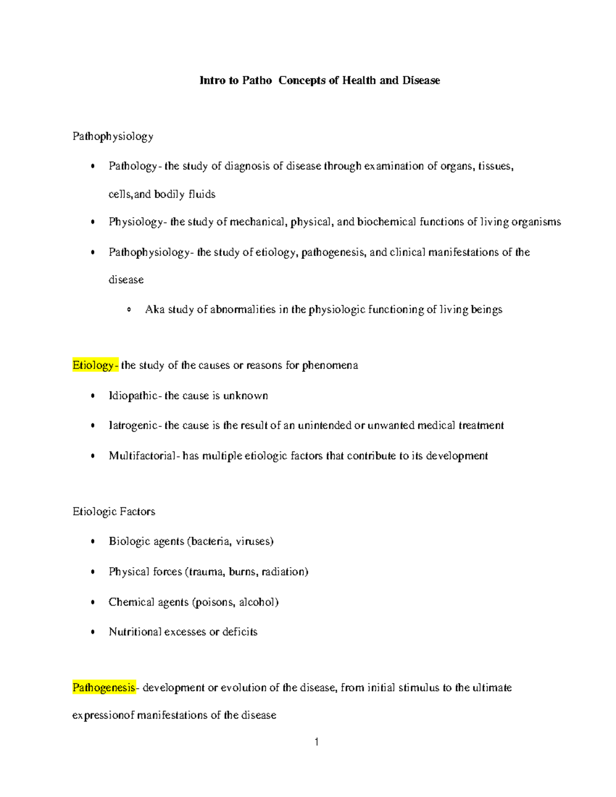 Intro to Patho Concepts of Health and Disease Exam 1 weeks 1 4 - Intro ...