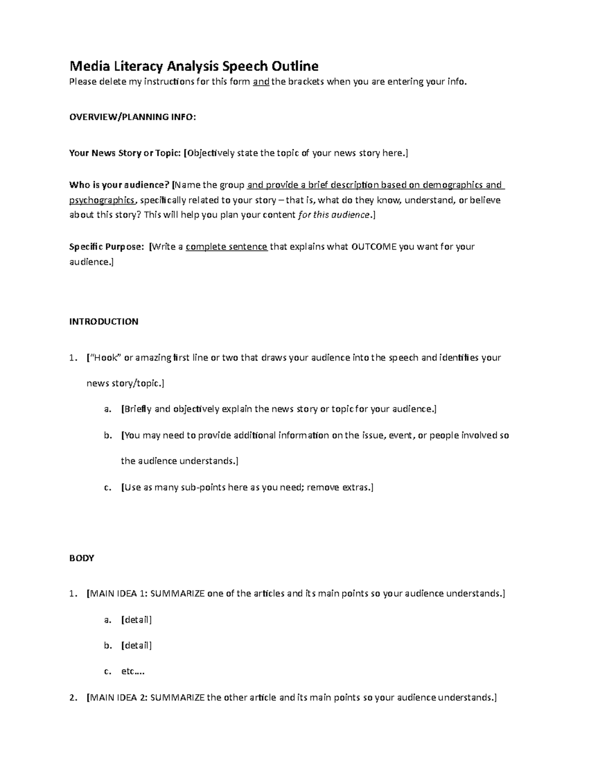 Outline Format for Media Literacy Speech - Media Literacy Analysis ...