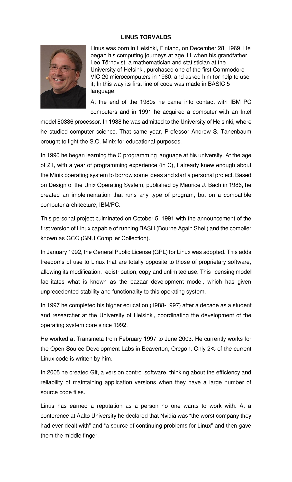 Cronica ingles - LINUS TORVALDS Linus was born in Helsinki, Finland, on ...