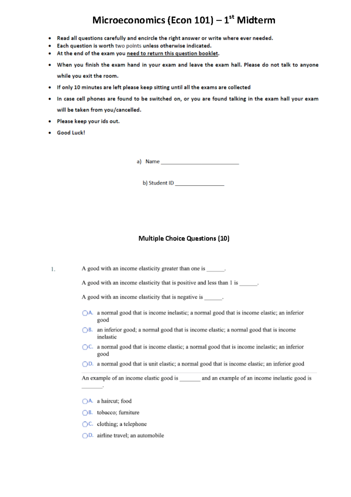 1st-midterm-2011 - Practice Midterm - Microeconomics (Econ 101) – 1st ...