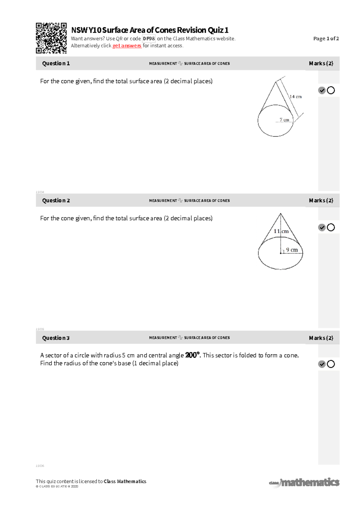 Maths Yr10 5 - Surface area and volume - NSW Y10 Surface Area of Cones ...