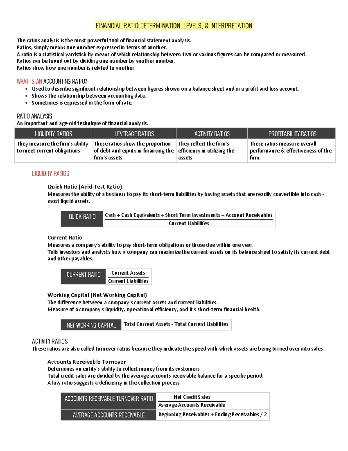 Financial Ratio Determination, Levels, & Interpretation - - Studocu