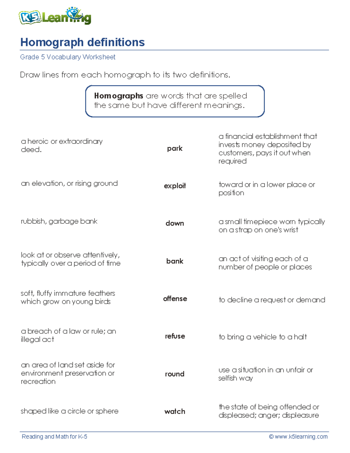 Grade 5 homograph definition 1 - Draw lines from each homograph to its ...