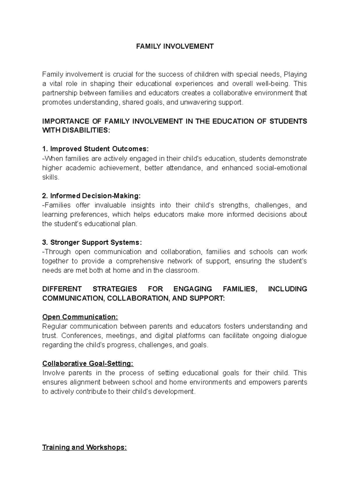family involvement - FAMILY INVOLVEMENT Family involvement is crucial ...