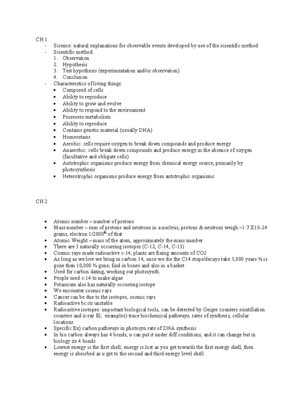 Biology Notes - CH 1 Science: natural explanations for observable ...