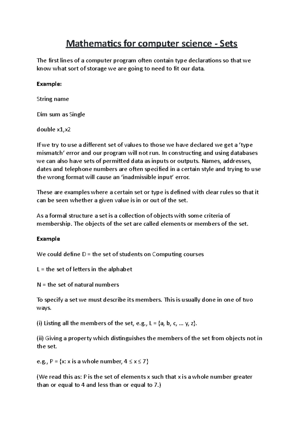 Mathematics for computer science - Sets - Example: String name Dim sum ...