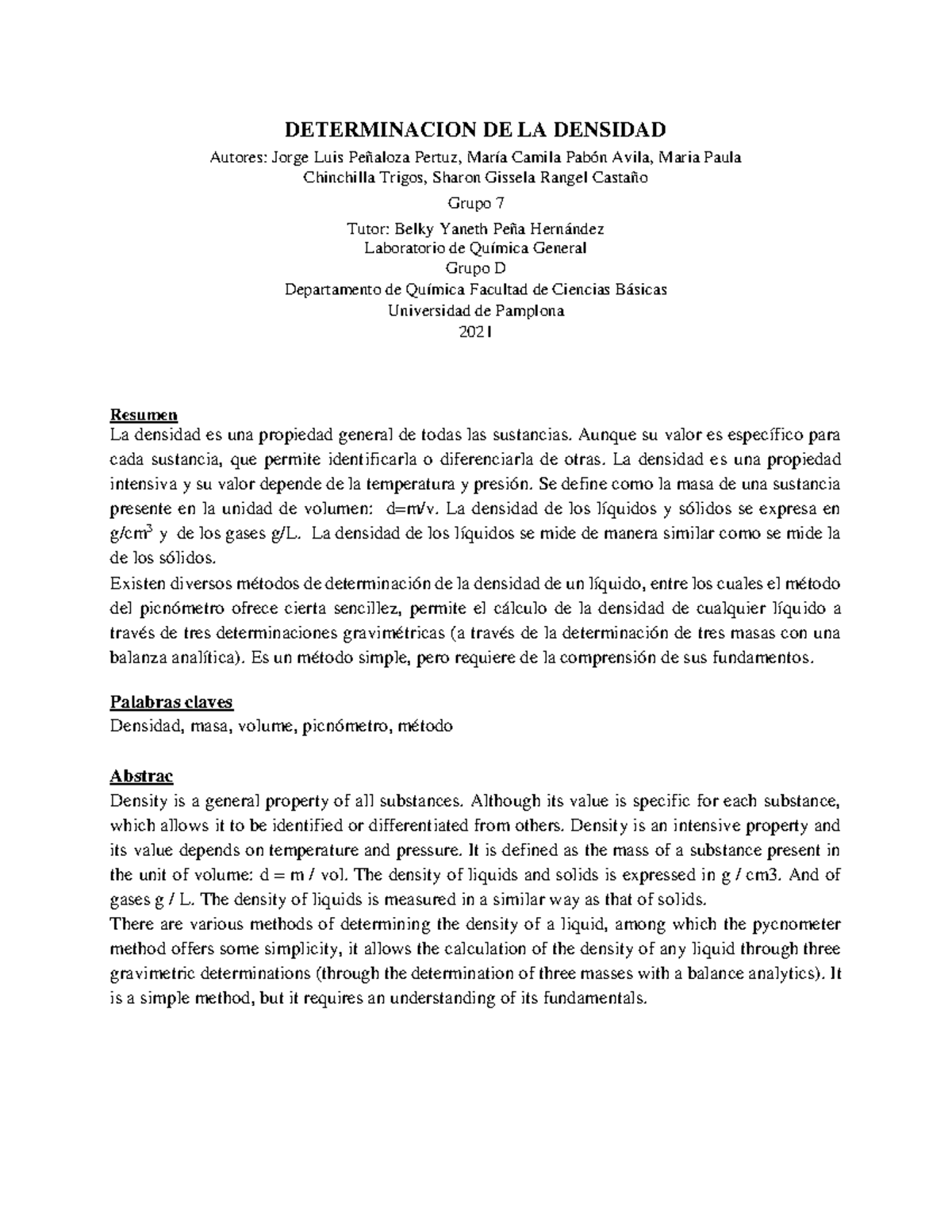 Informe Lab Q Determinación De Densidades Determinacion De La