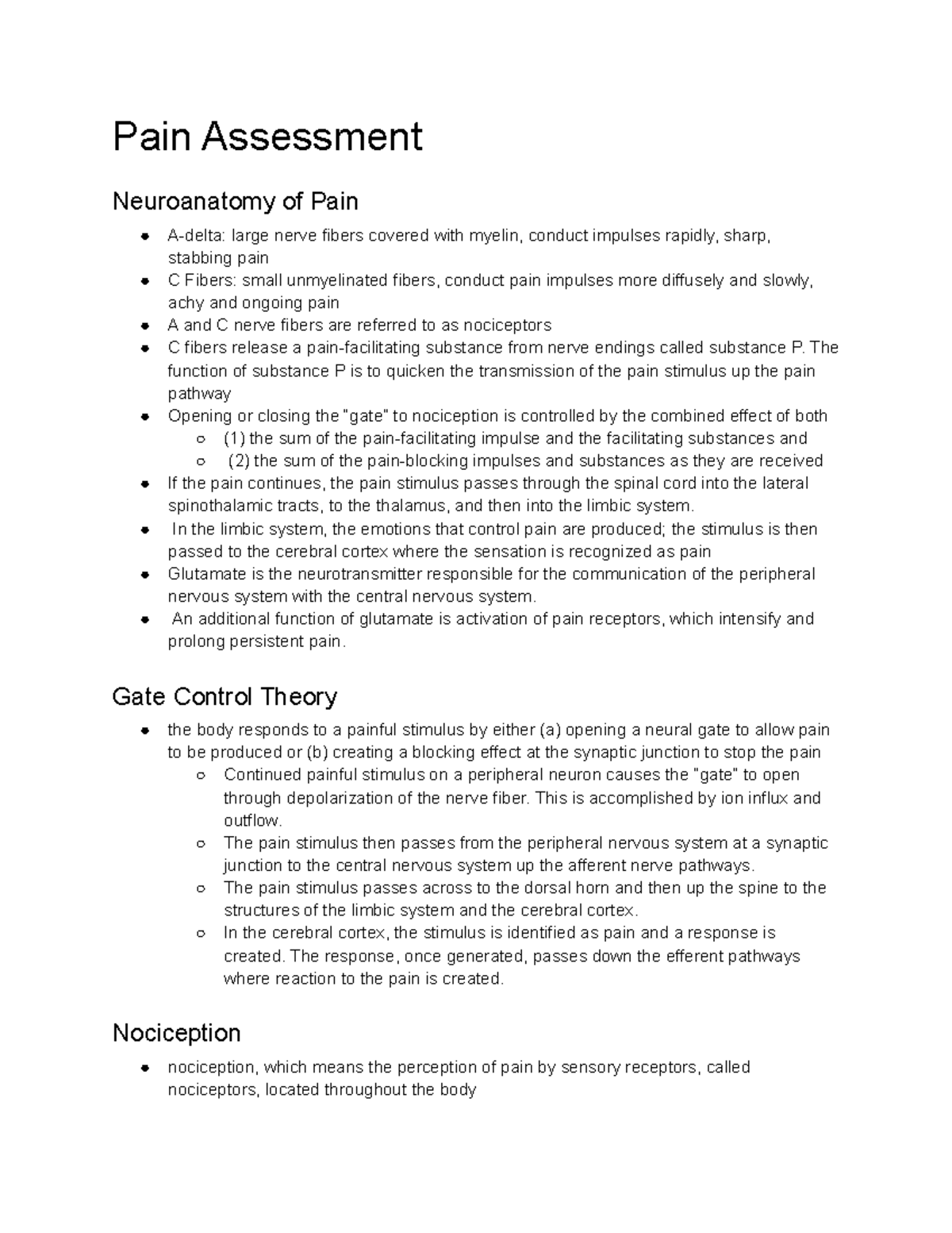 Chapter 6 Notes - Pain Assessment Neuroanatomy of Pain A-delta: large ...