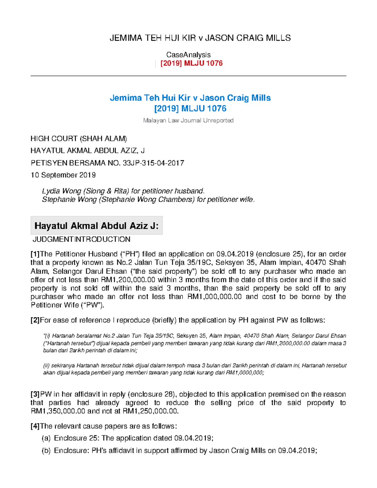 Jemima Teh Hui Kir v Jason Craig Mills - Law of Evidence - UniSZA - Studocu