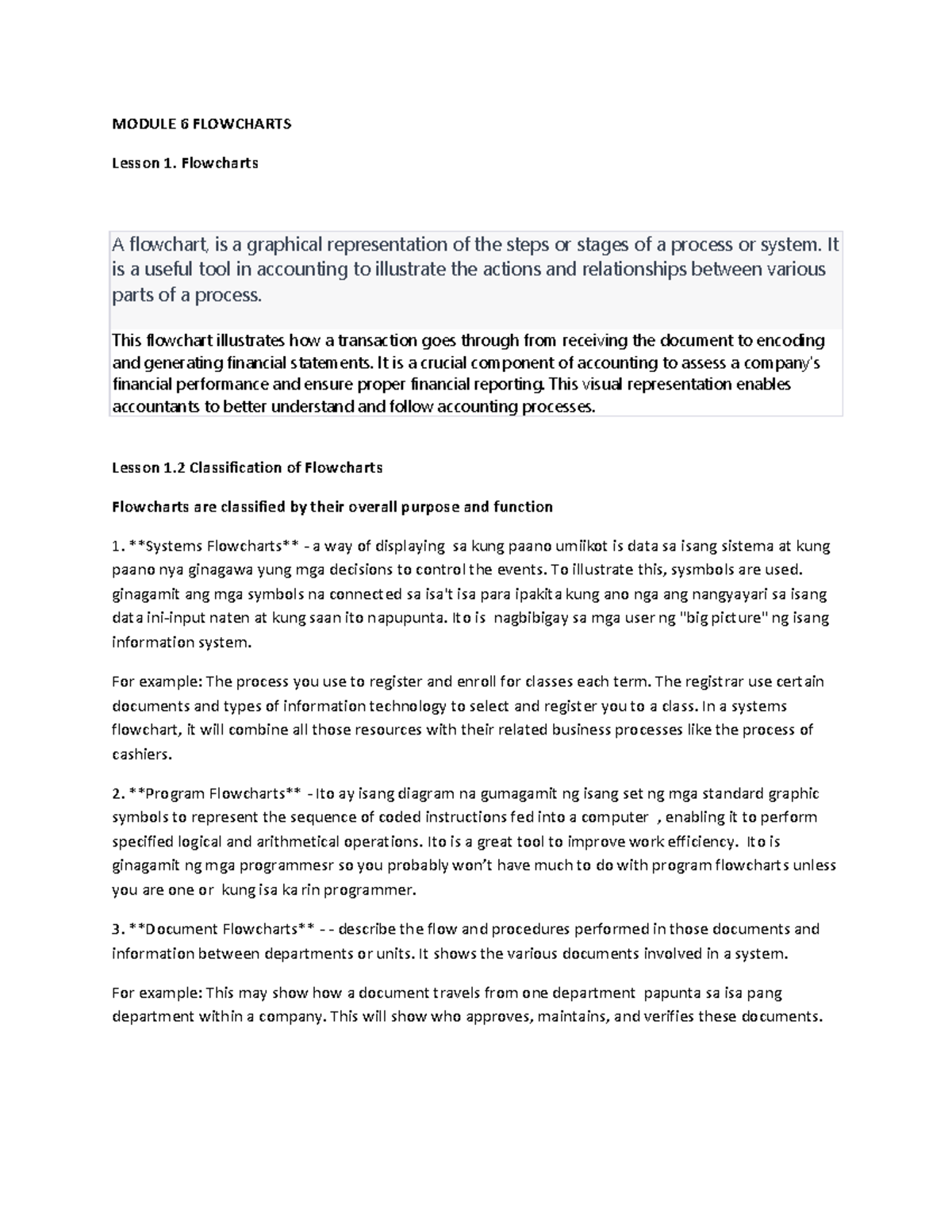 Module 6 Flowcharts - flowcharting - MODULE 6 FLOWCHARTS Lesson 1 ...