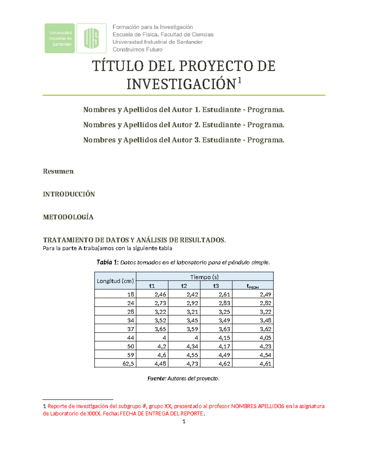 LAB.1 Informe i3 - TÍTULO DEL PROYECTO DE INVESTIGACIÓN 1 ####### Nombres y Apellidos del Autor ...