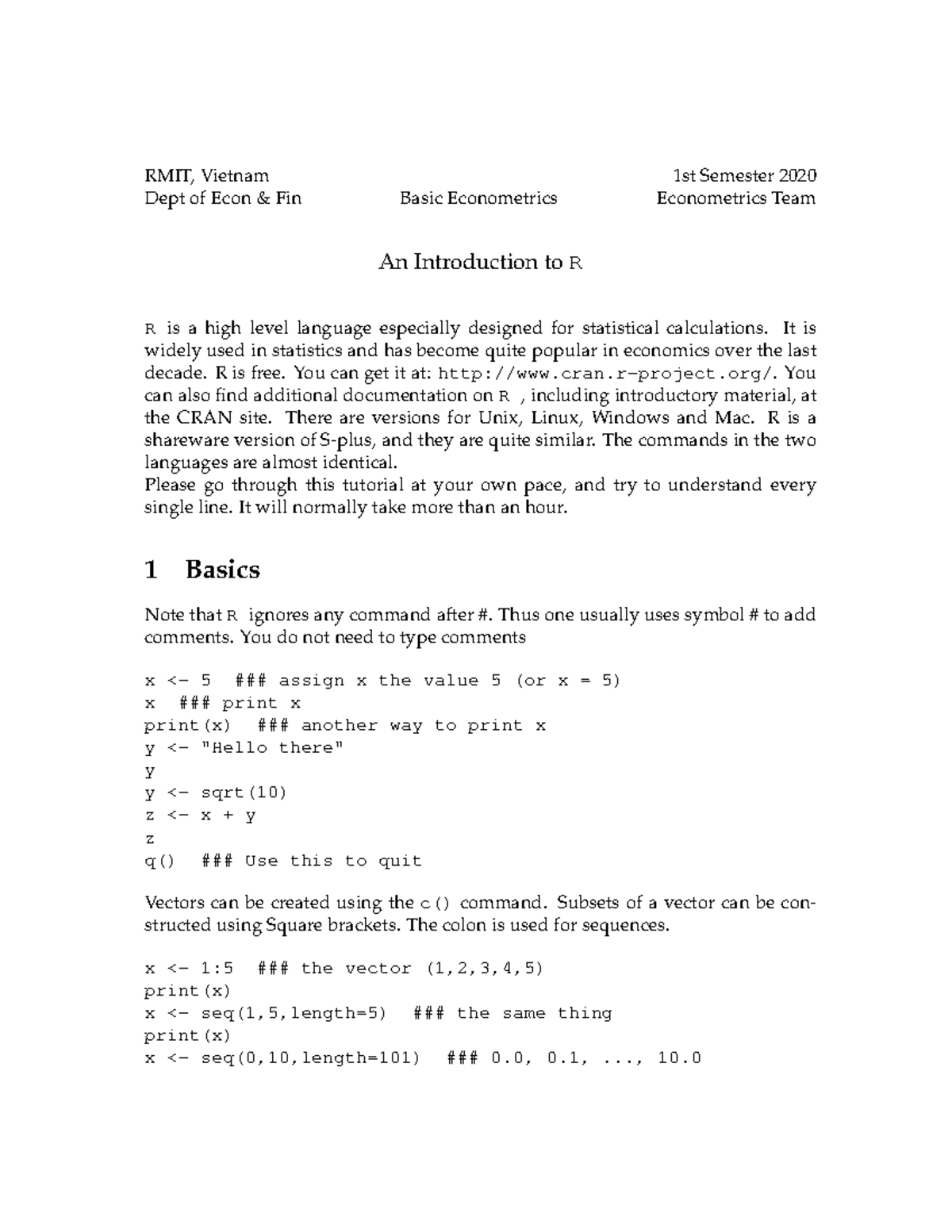 RMIT Intro R Full - R guide - RMIT, Vietnam 1st Semester 2020 Dept of ...