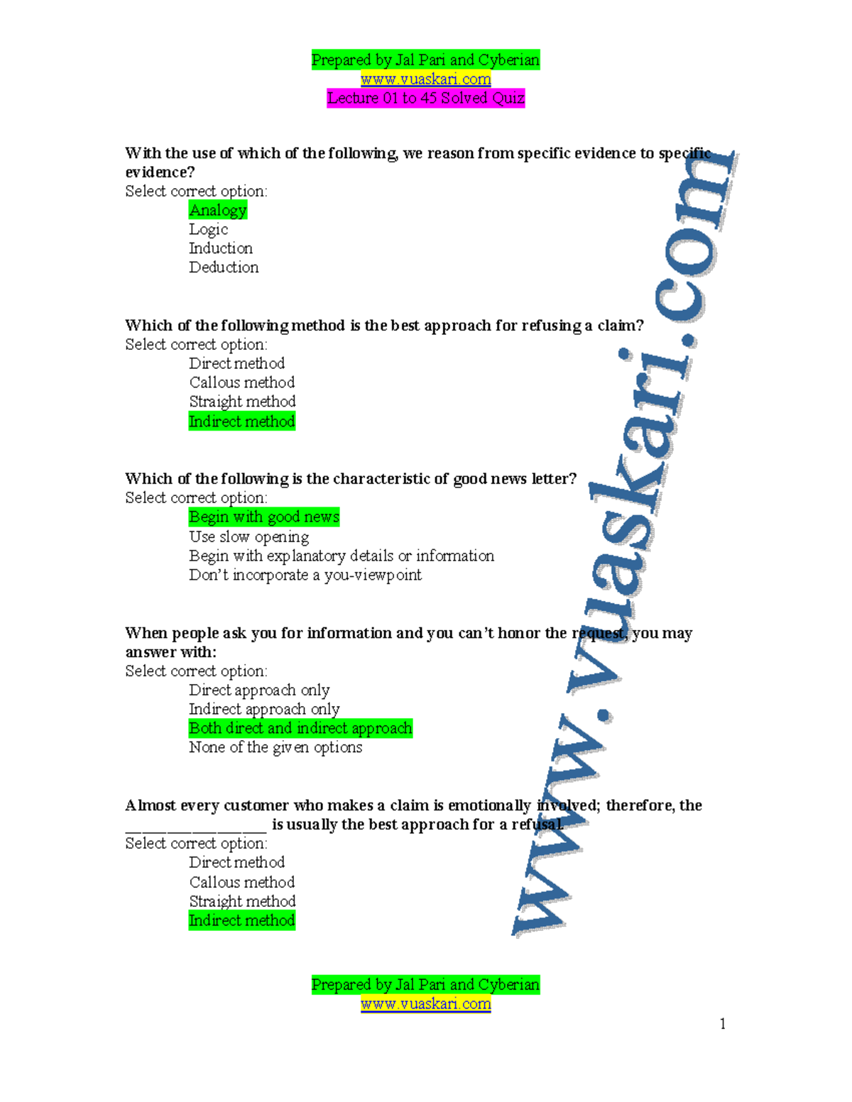 MCM301 lec1 to 45Solved Quiz - vuaskari Lecture 01 to 45 Solved Quiz Prepared by Jal Pari and ...