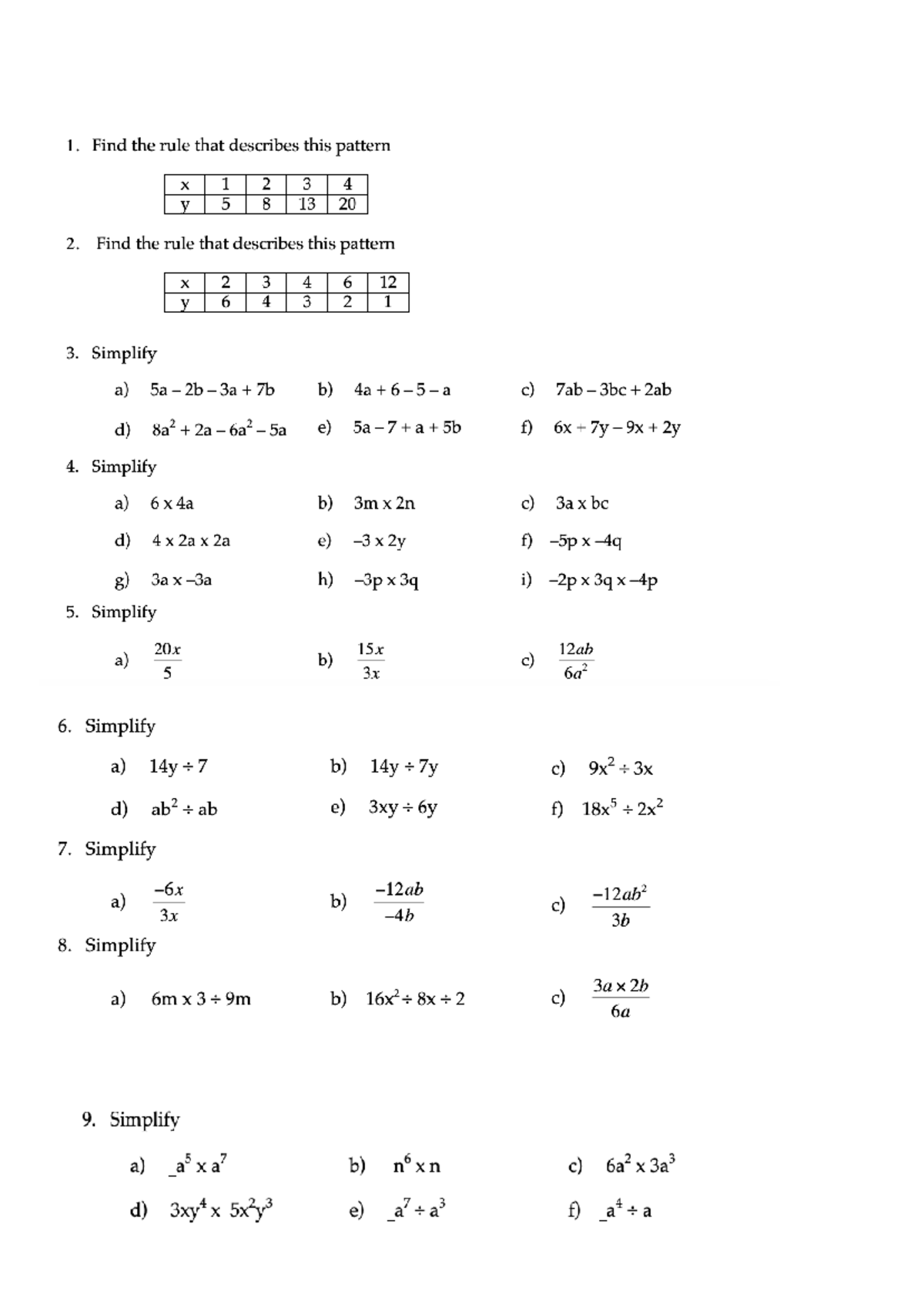 Algebra HW L1 - Math - 1. Find the rule that describes this pattern ...