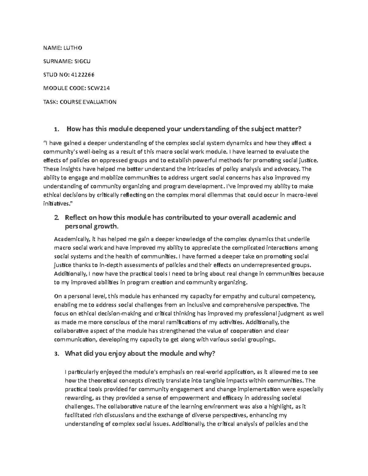 Document 5 tut3 - NAME: LUTHO SURNAME: SIGCU STUD NO: 4122266 MODULE ...