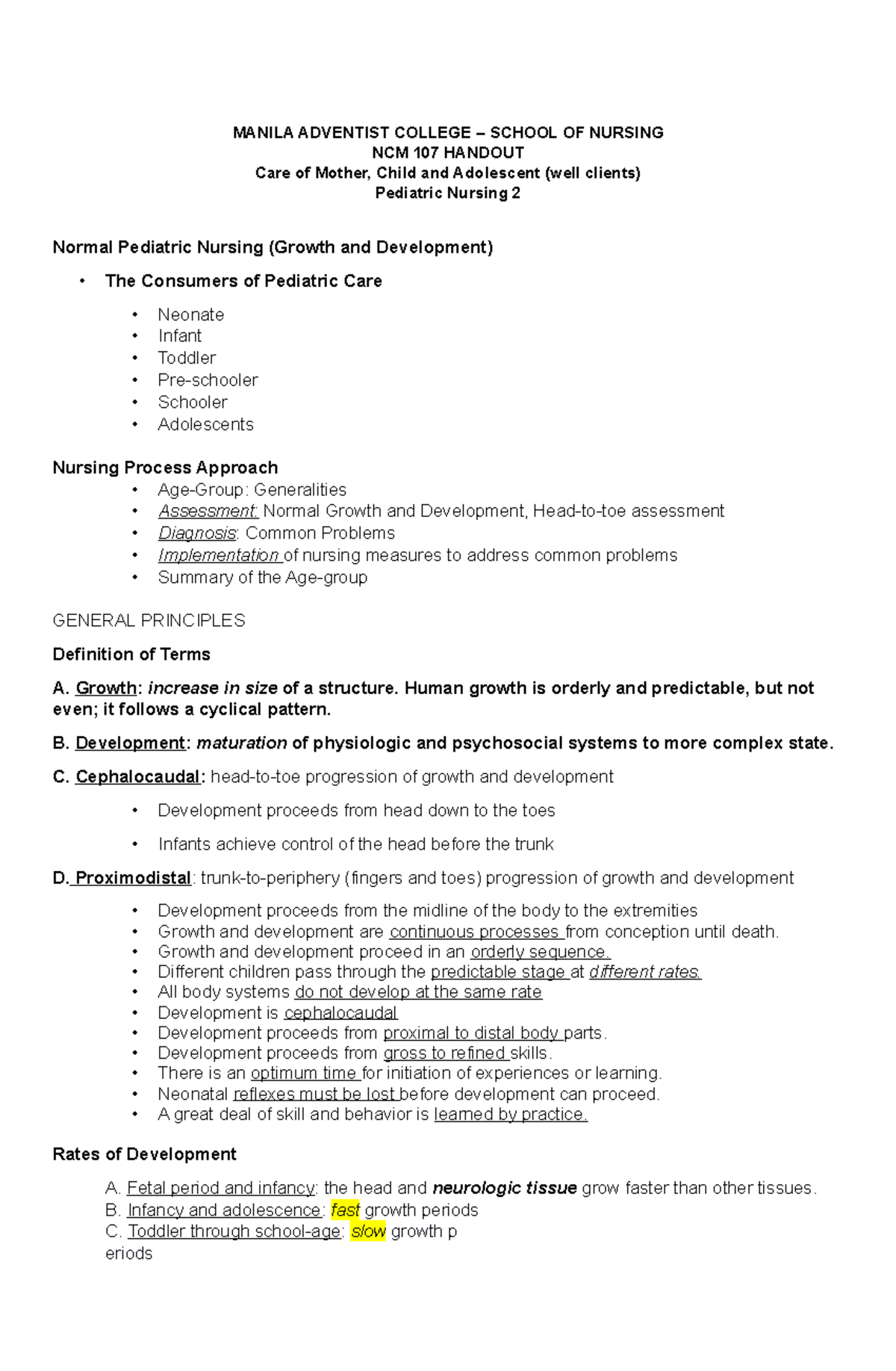 Handout Growth and Development - MANILA ADVENTIST COLLEGE – SCHOOL OF ...