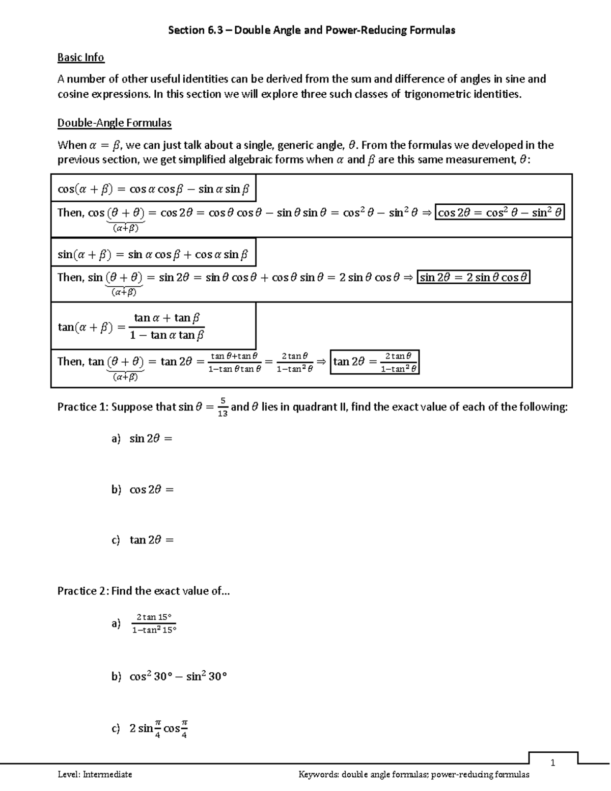 6.3 - Double Angle and Power-Reducing Formulas - Section 6 – Double ...