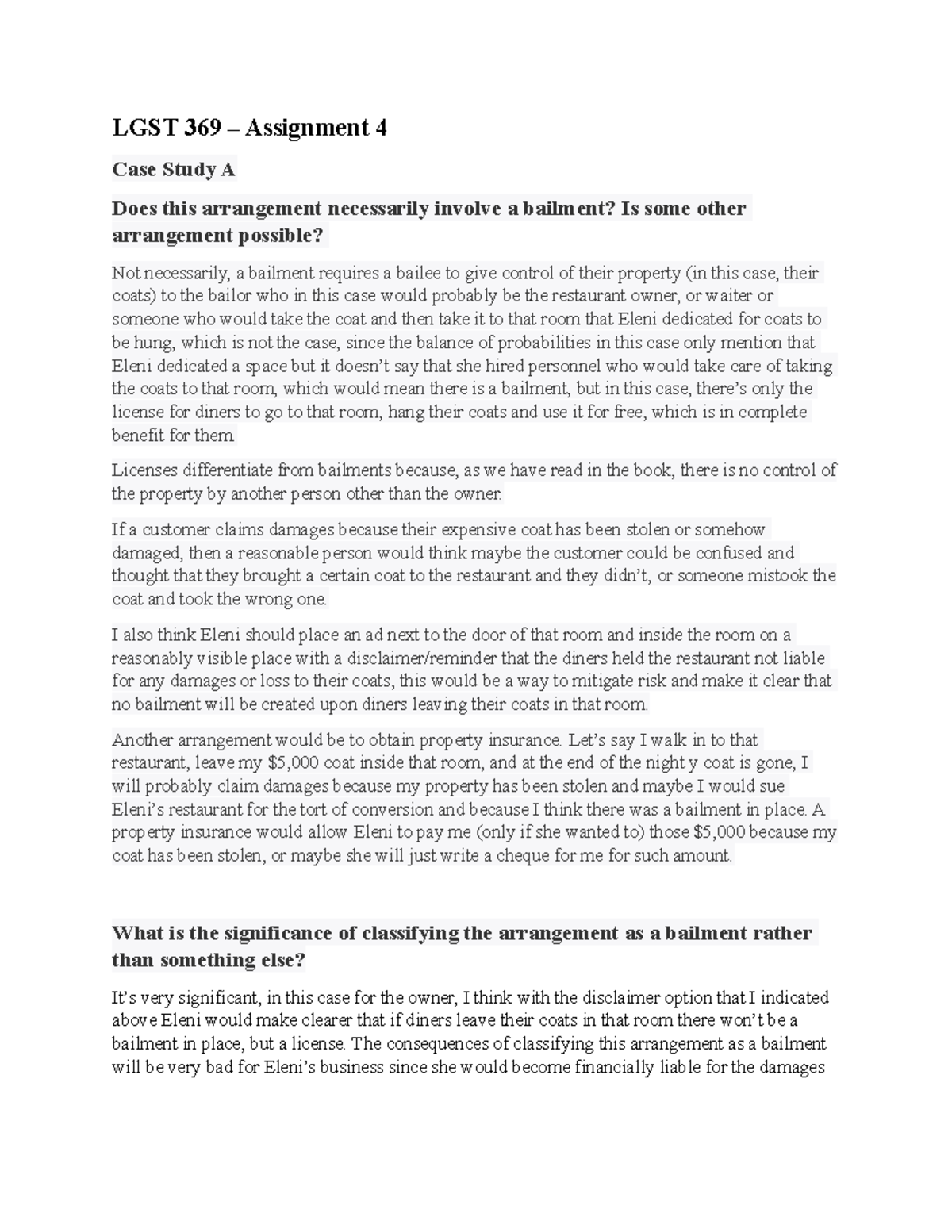 LGST 369 - Assignment 4 - LGST 369 – Assignment 4 Case Study A Does ...