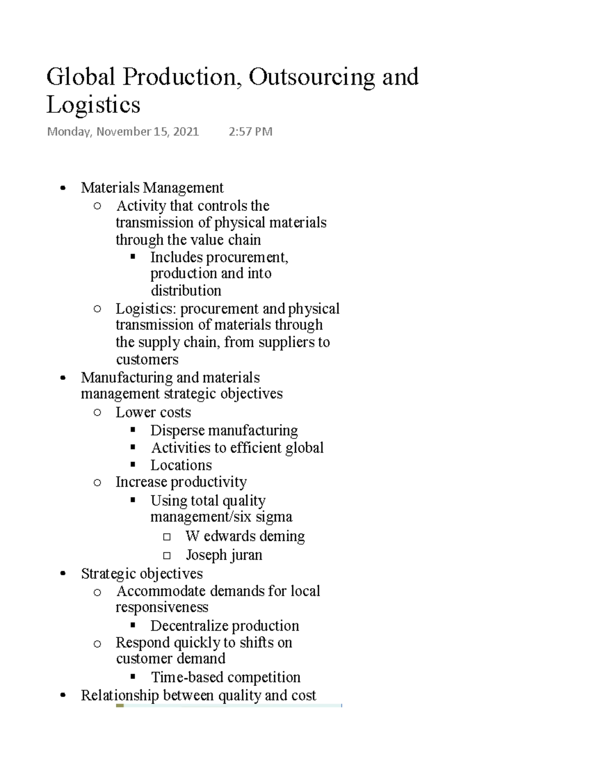 Global Production, Outsourcing and Logistics - Materials Management ...