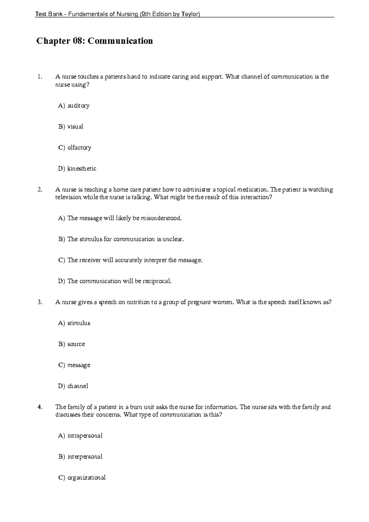 Sample Taylor Fundamentals of Nursing 9e 2018 - Chapter 08 ...