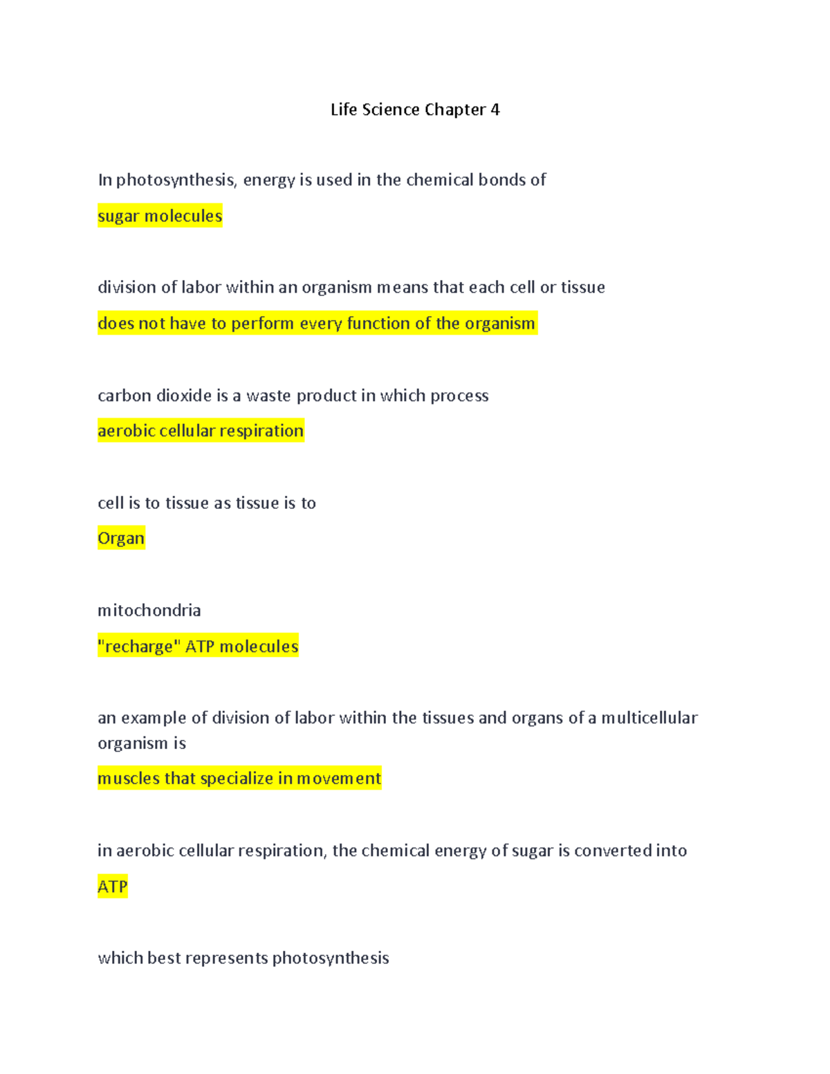 Life Science Chapter 4 - a type of anaerobic respiration What would ...
