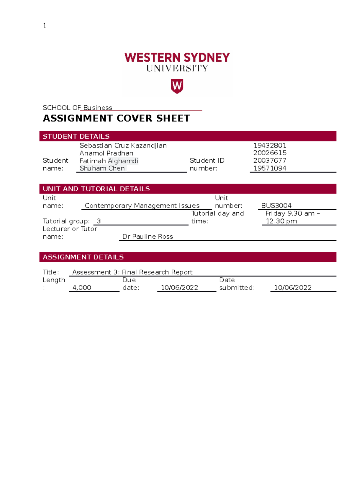 Final Report-CMI - SCHOOL OF Business ASSIGNMENT COVER SHEET STUDENT ...