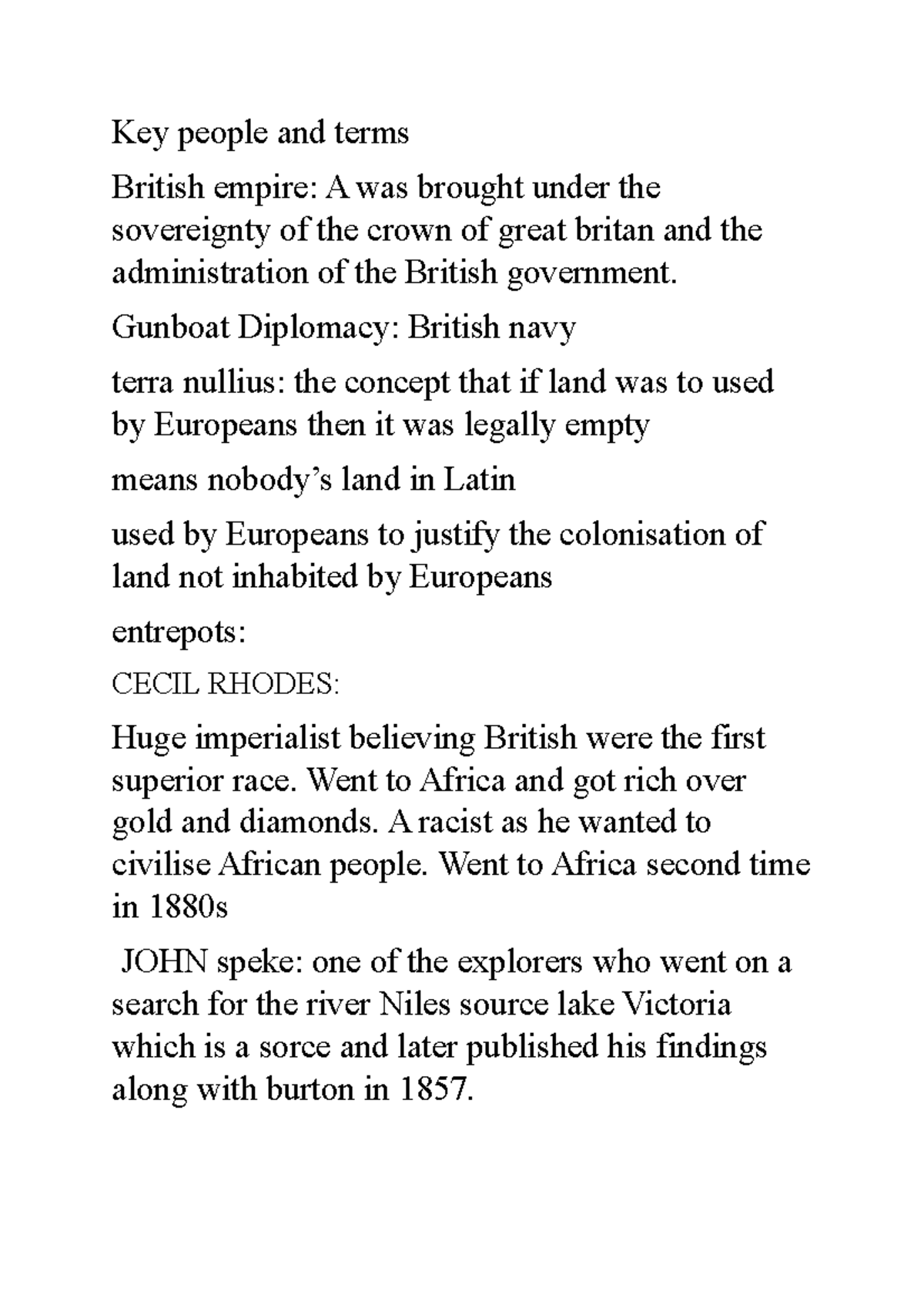 Key people and terms - key notes - Key people and terms British empire ...