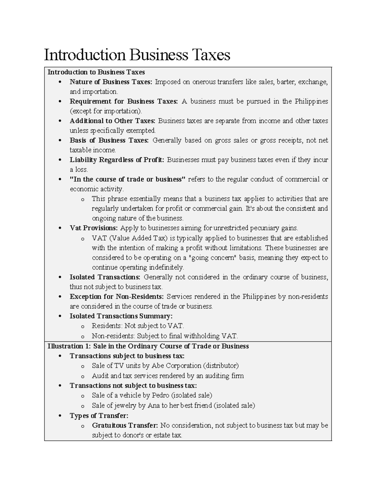 Introduction Business Taxes - Key Notes - Introduction Business Taxes ...