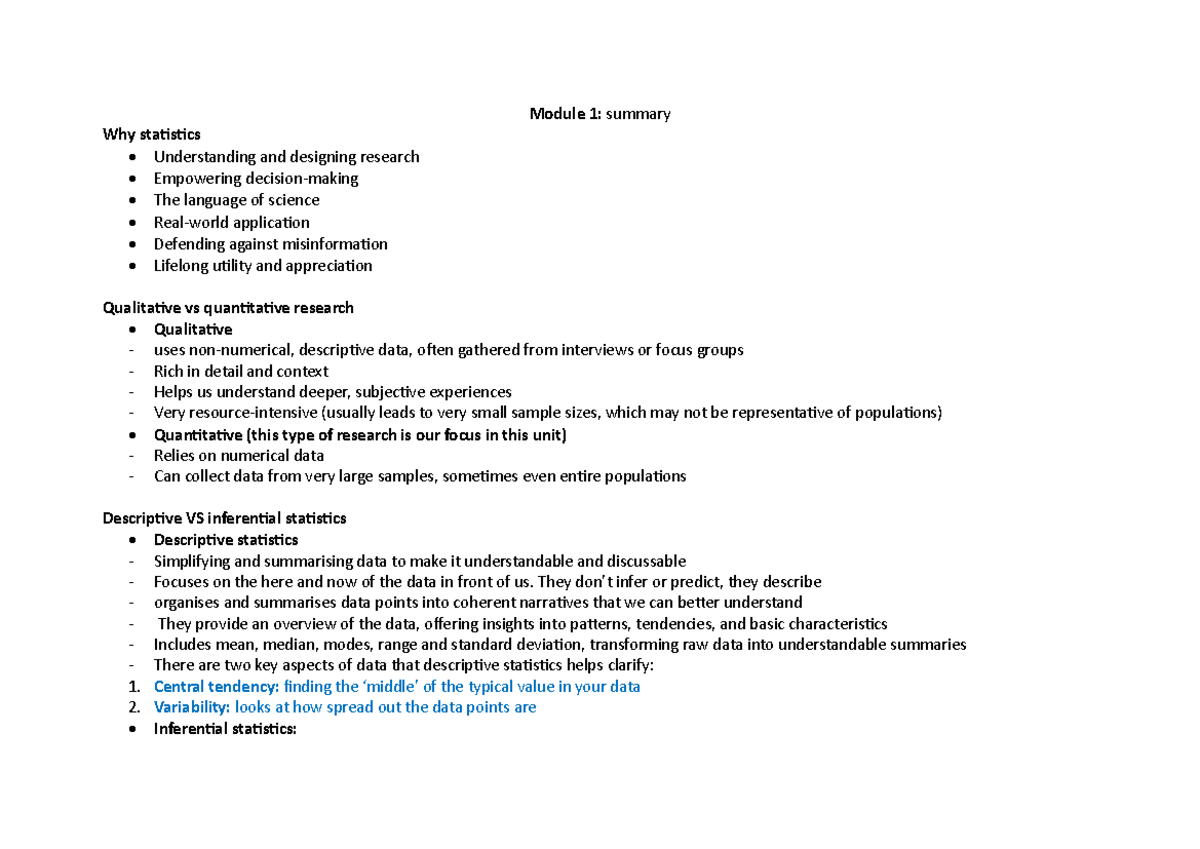 Stat summary - Module summaries - Module 1: summary Why statistics ...