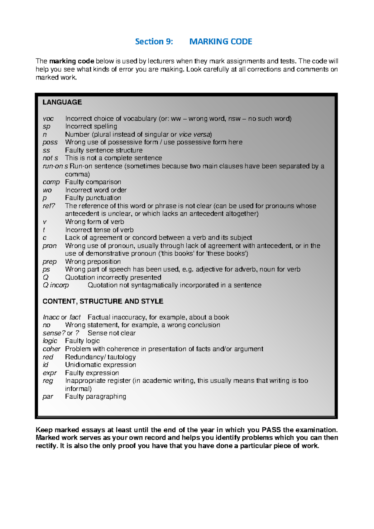 The Handbook sections 9 & 10, relevant to essays and tests - 9 Section ...