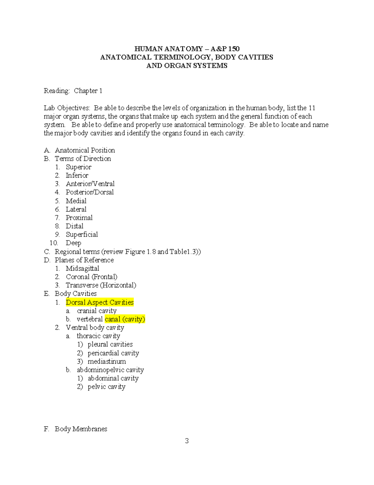 AP150 LAB Outlines - notes - HUMAN ANATOMY – A&P 150 ANATOMICAL ...