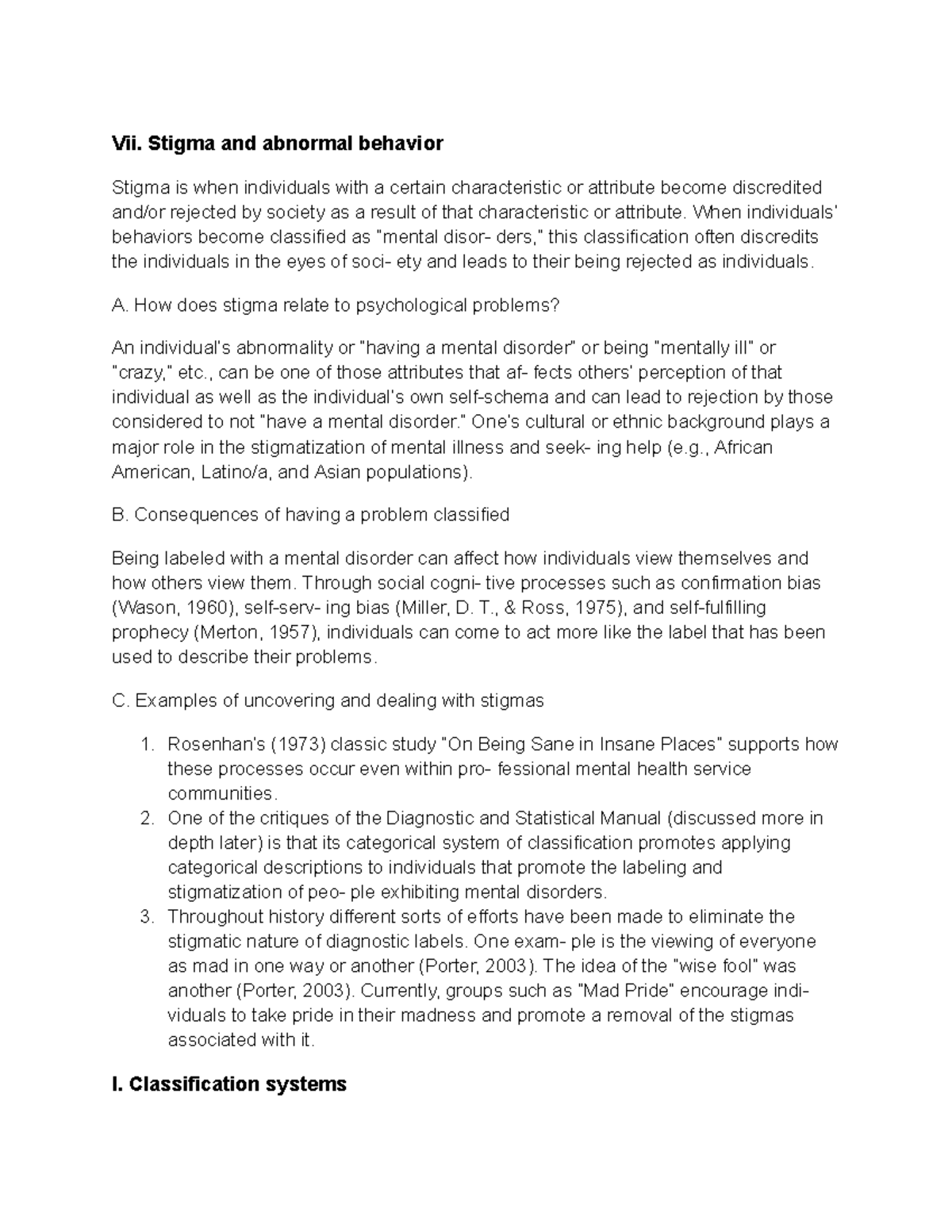 Psych Notes p20 - Vii. Stigma and abnormal behavior Stigma is when ...