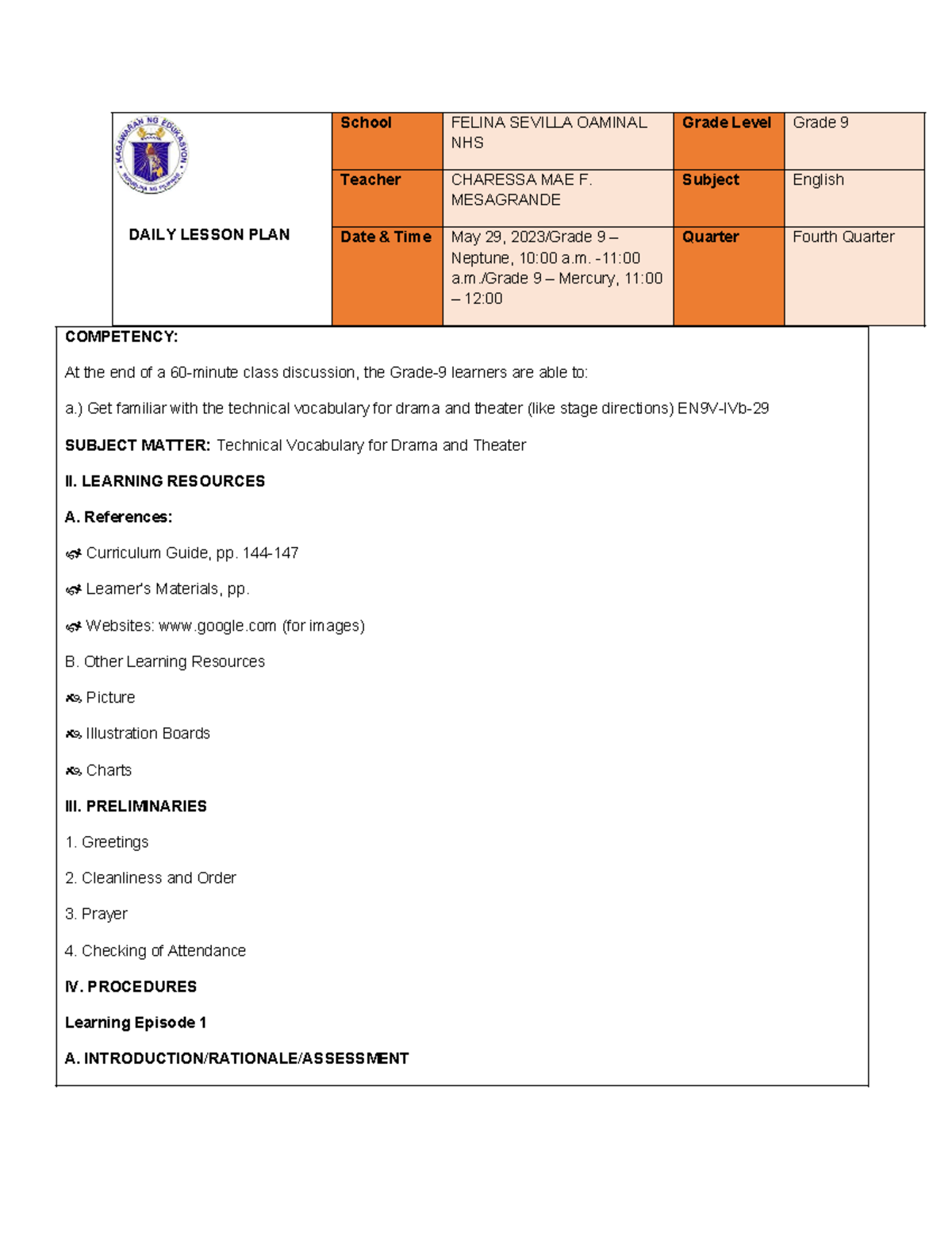 Theater Terminology and Stage Directions - DAILY LESSON PLAN School ...